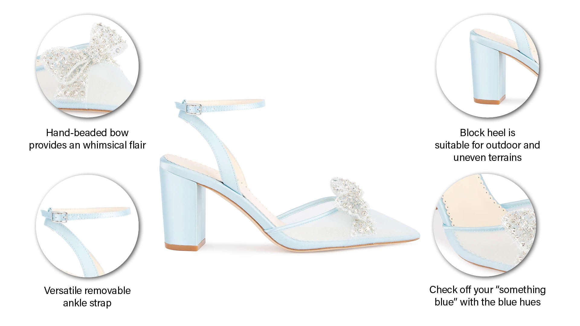 Crystal Bow Blue Block Heel Wedding Shoes | Bella Belle