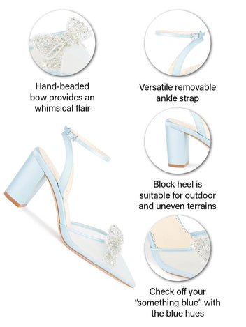 Crystal Bow Blue Block Heel Wedding Shoes | Bella Belle