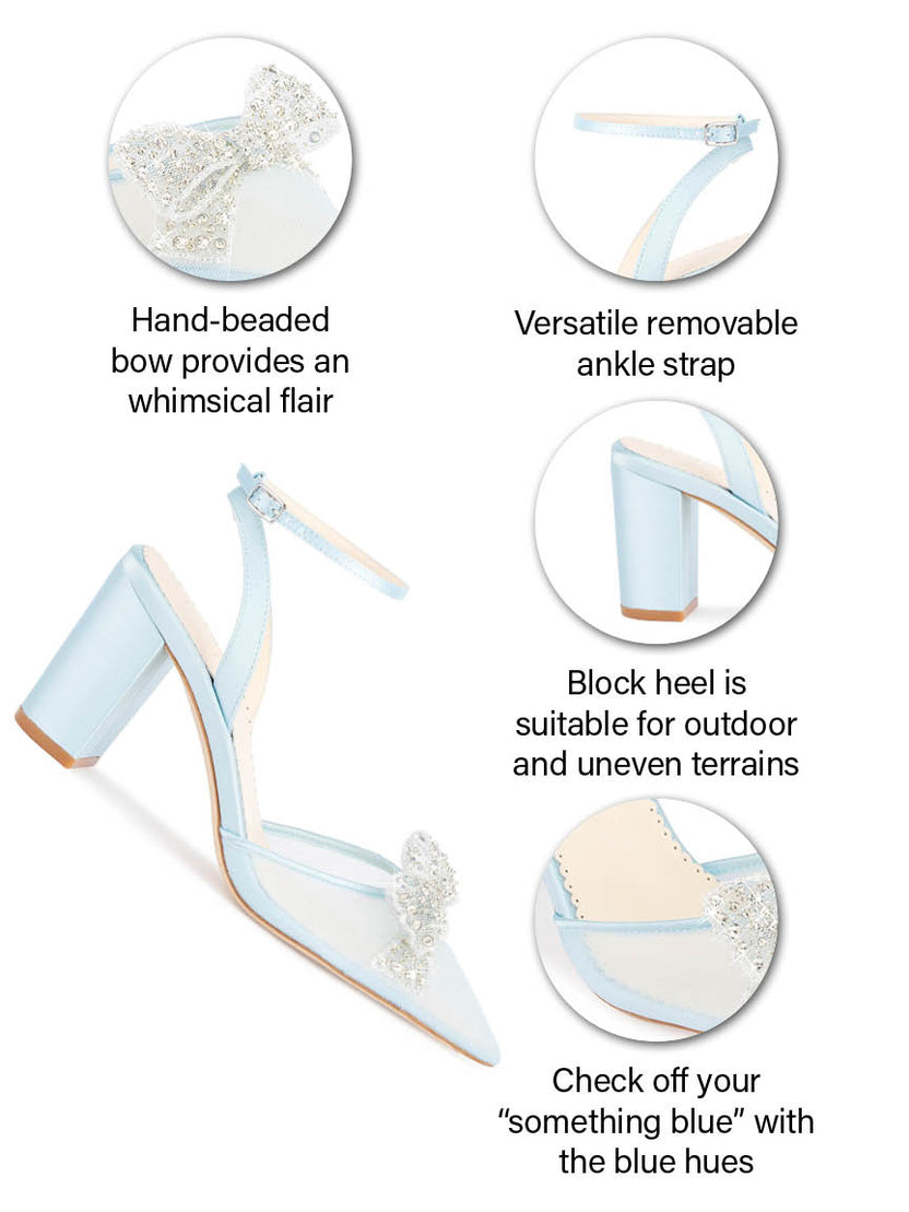 Crystal Bow Blue Block Heel Wedding Shoes | Bella Belle
