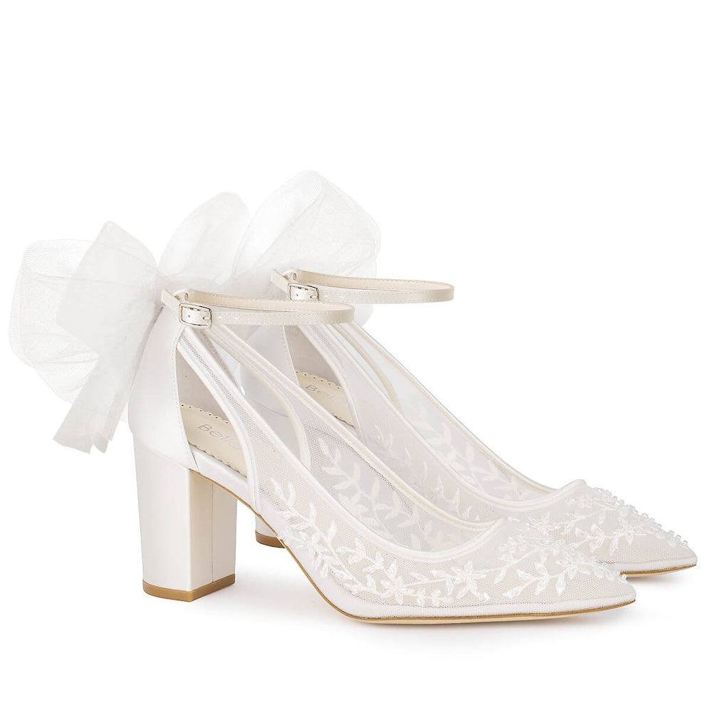 Slingback Block Heel Wedding Shoes with Tulle Bow
