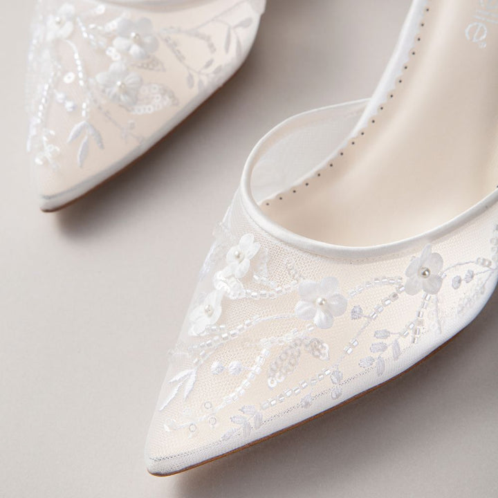 Closed Toe Floral Illusion Mesh Ankle Strap Block Heels