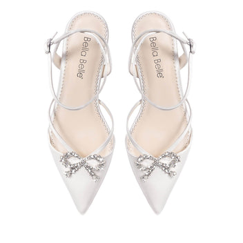 2 Inch Pointed Toe Crystal Bow Heels with Ankle Strap Closure