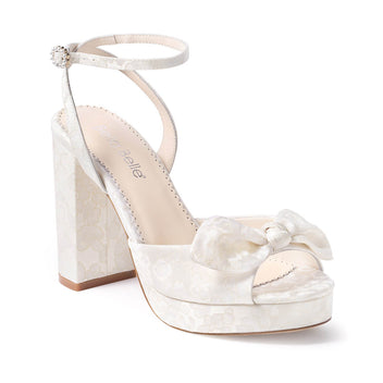 Ivory Platform Block Heel Jacquard Sandal with Ankle Strap