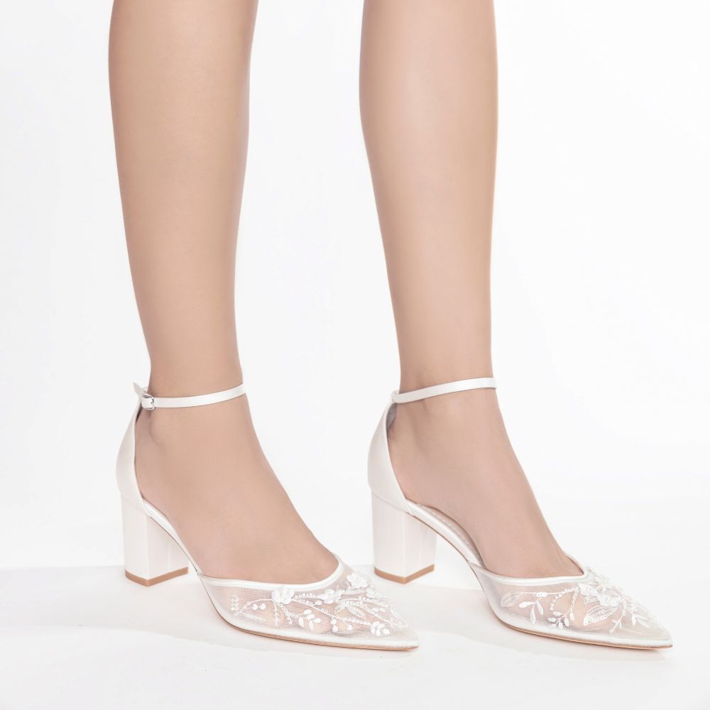 Closed Toe Floral Illusion Mesh Ankle Strap Block Heels