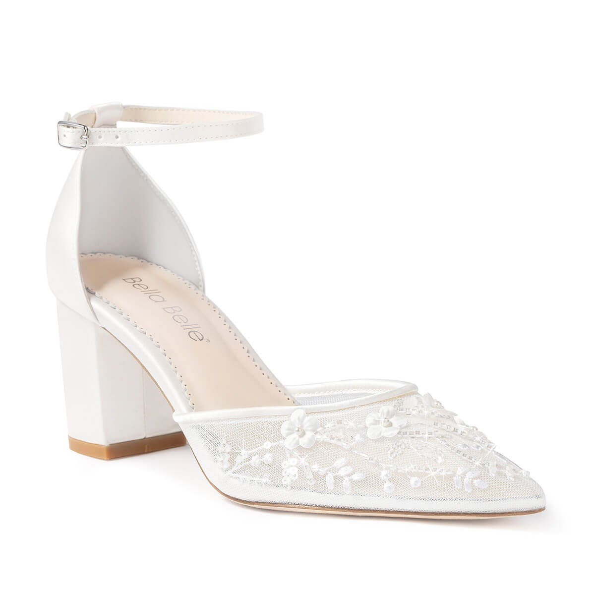 Closed Toe Floral Illusion Mesh Ankle Strap Block Heels