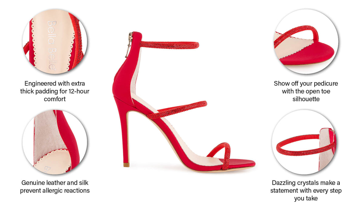 Crystal Embellished Zip-Up Red Strappy Heels | Bella Belle