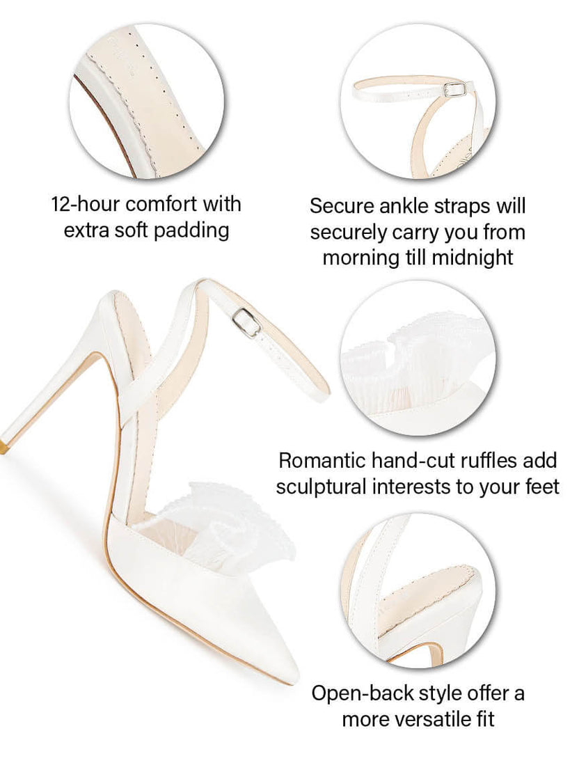 Ivory Ankle Strap Pearl Trimmed Ruffle Heels | Bella Belle