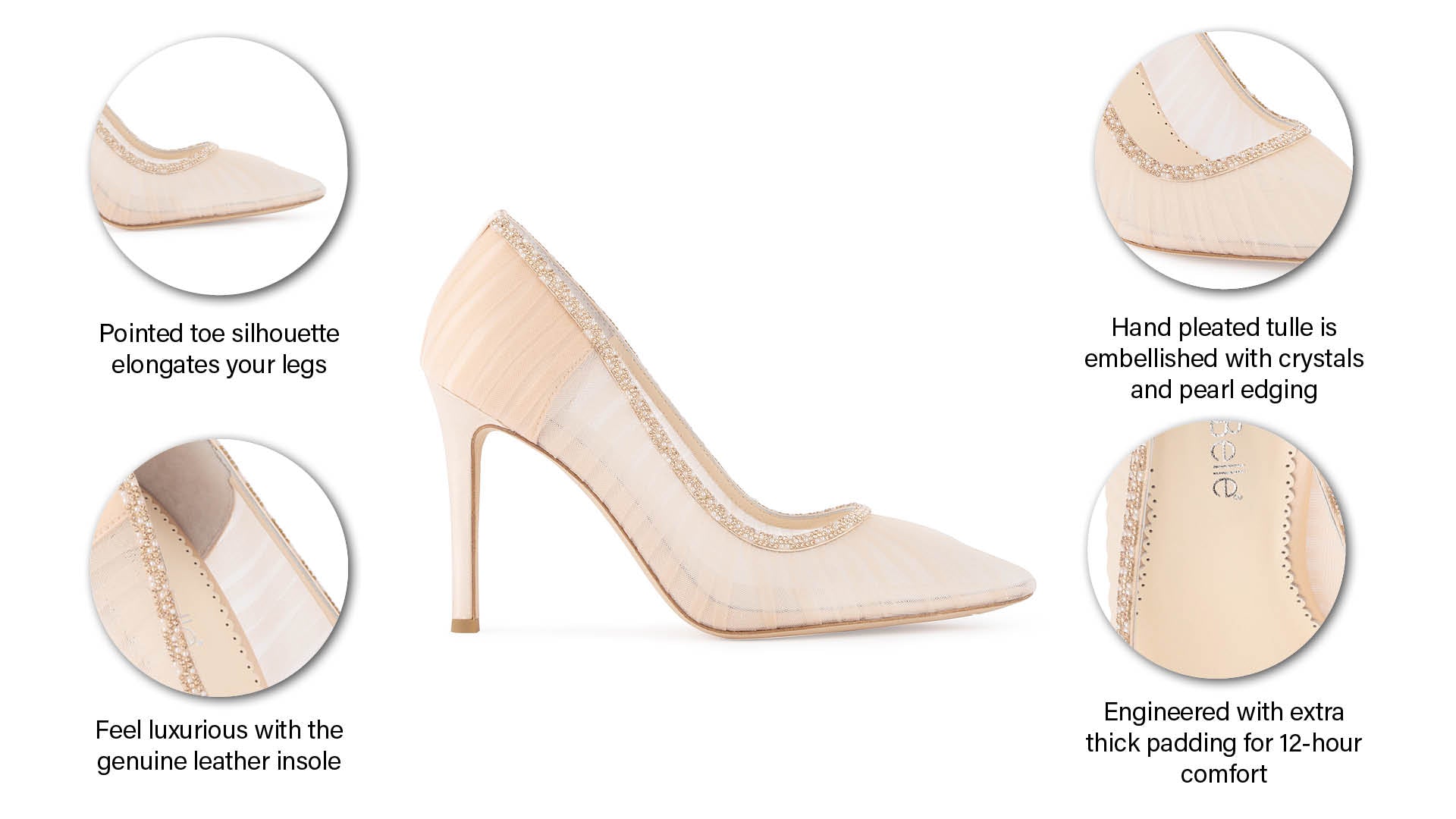 Pleated Tulle Blush Sheer Pumps with Crystal Rose Gold Trim