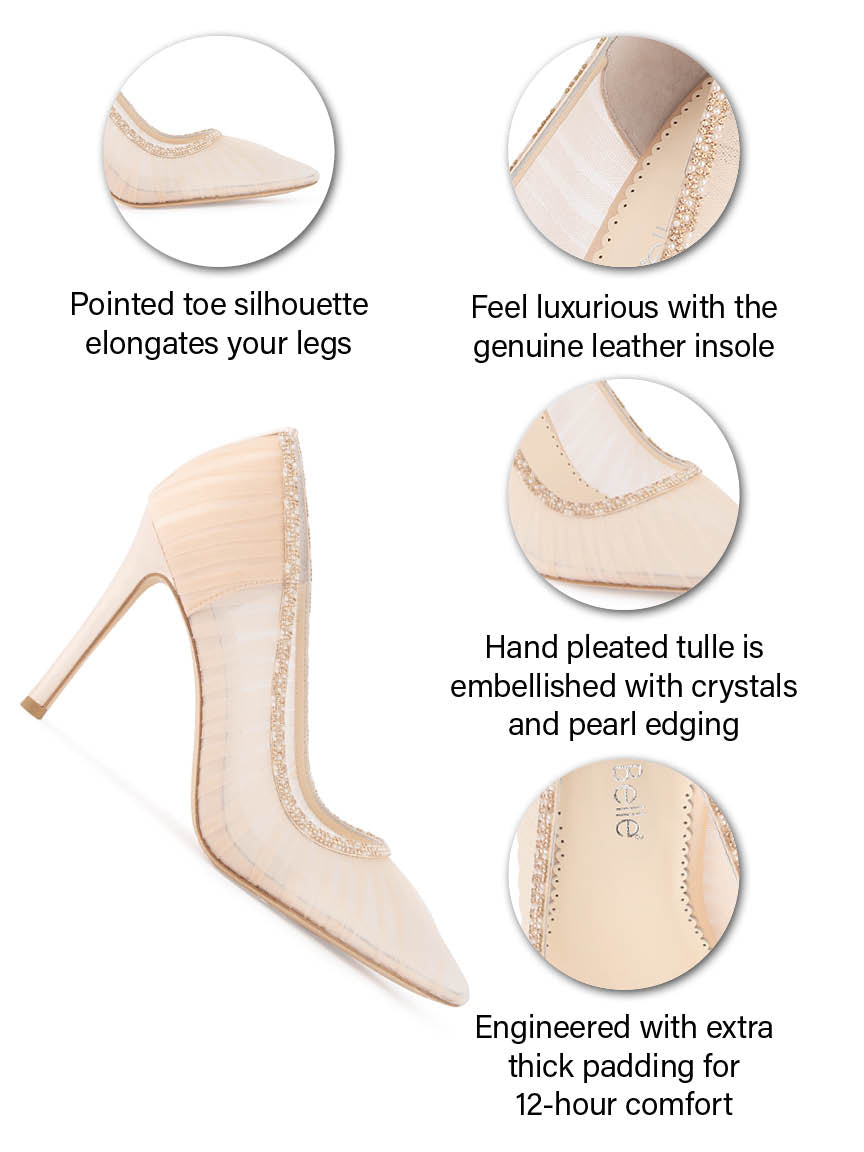 Pleated Tulle Blush Sheer Pumps with Crystal Rose Gold Trim