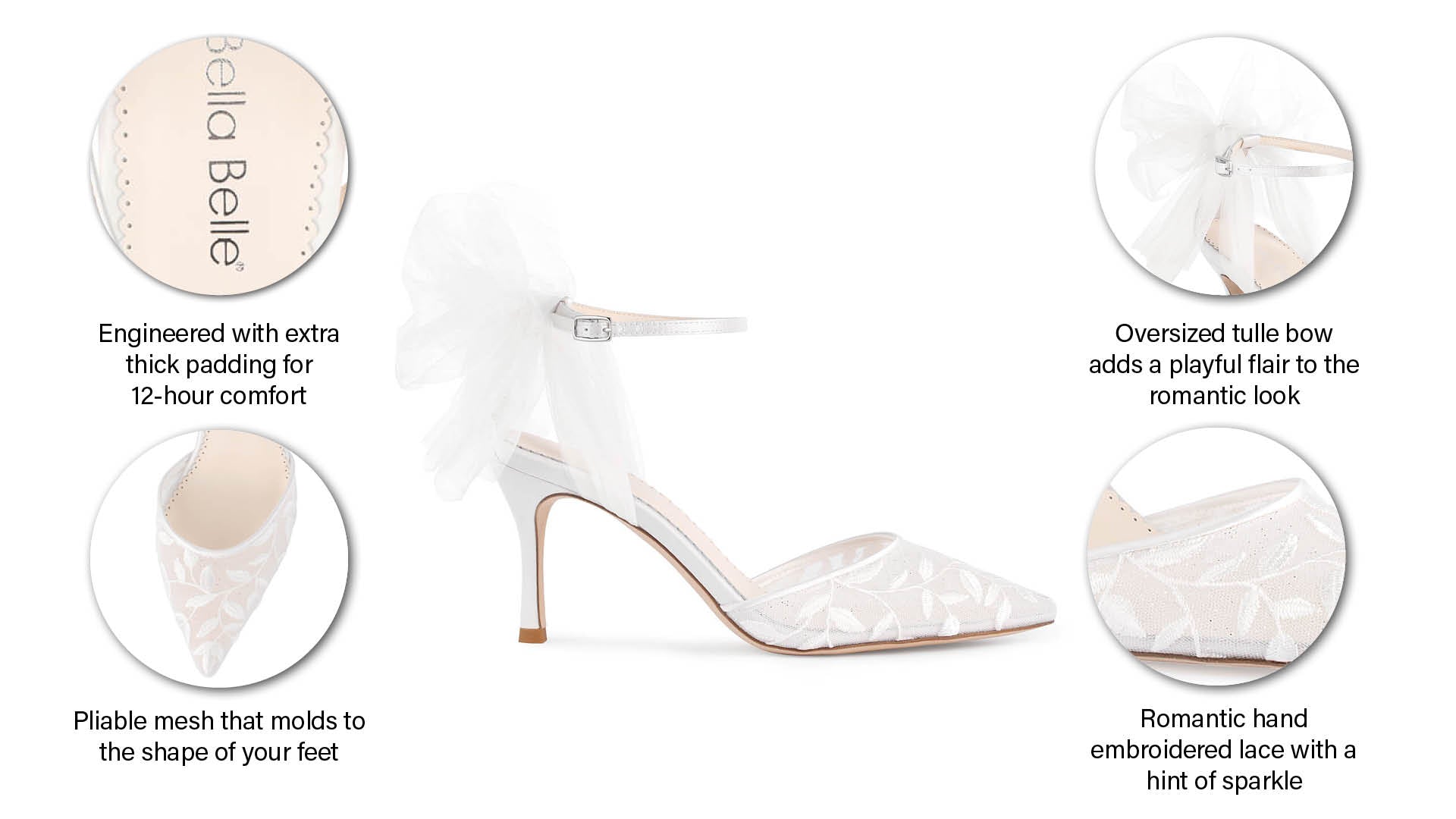 Ankle Strap Ivory Lace Wedding Shoes with Tulle Bow