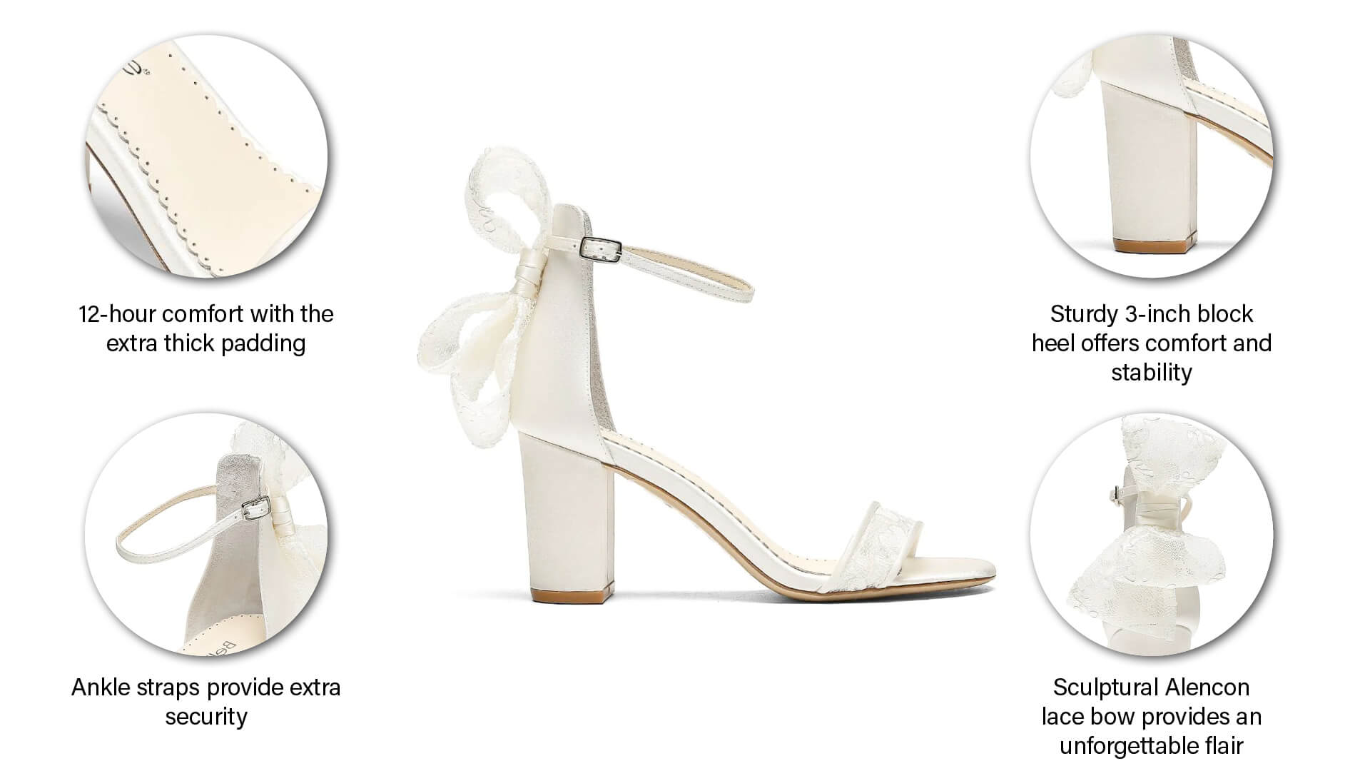 Ivory Alencon Lace Open Toe Bridal Block Heels with Bow