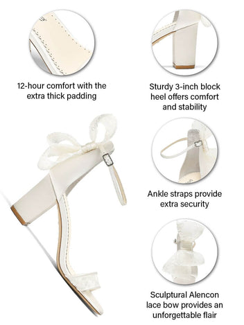 Ivory Alencon Lace Open Toe Bridal Block Heels with Bow