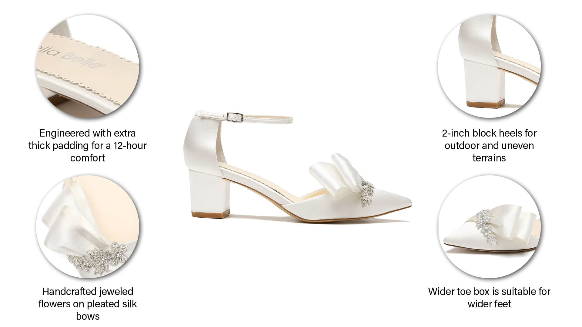 Crystal Flower Embellished Block Heels with Asymmetric Bow