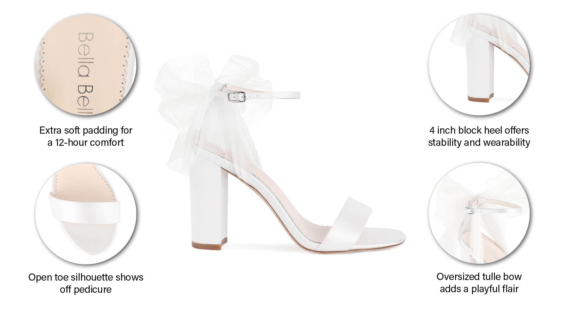 Open Toe Ankle Strap Tulle Bow Block Heels | Bella Belle