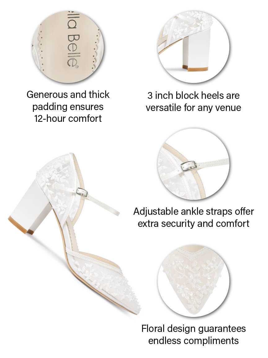 Floral Beaded Lace D’Orsay Block Heels with Ankle Strap