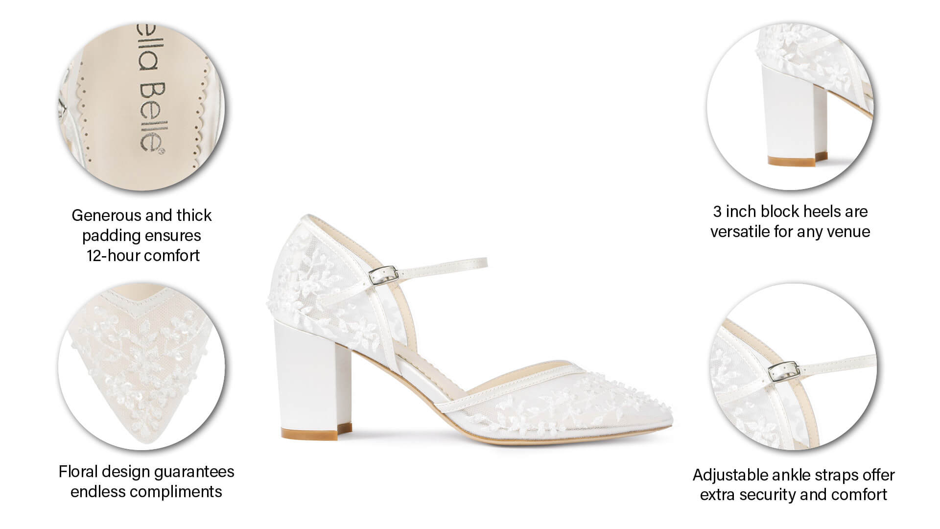 Floral Beaded Lace D’Orsay Block Heels with Ankle Strap