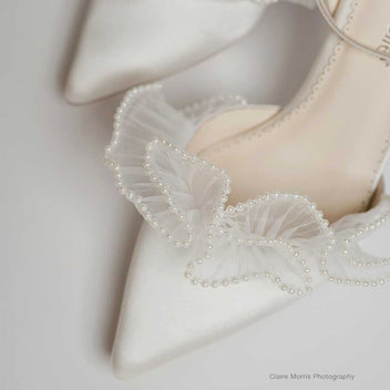 Ivory Ankle Strap Pearl Trimmed Ruffle Heels | Bella Belle