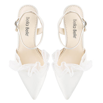 Ivory Ankle Strap Pearl Trimmed Ruffle Heels | Bella Belle